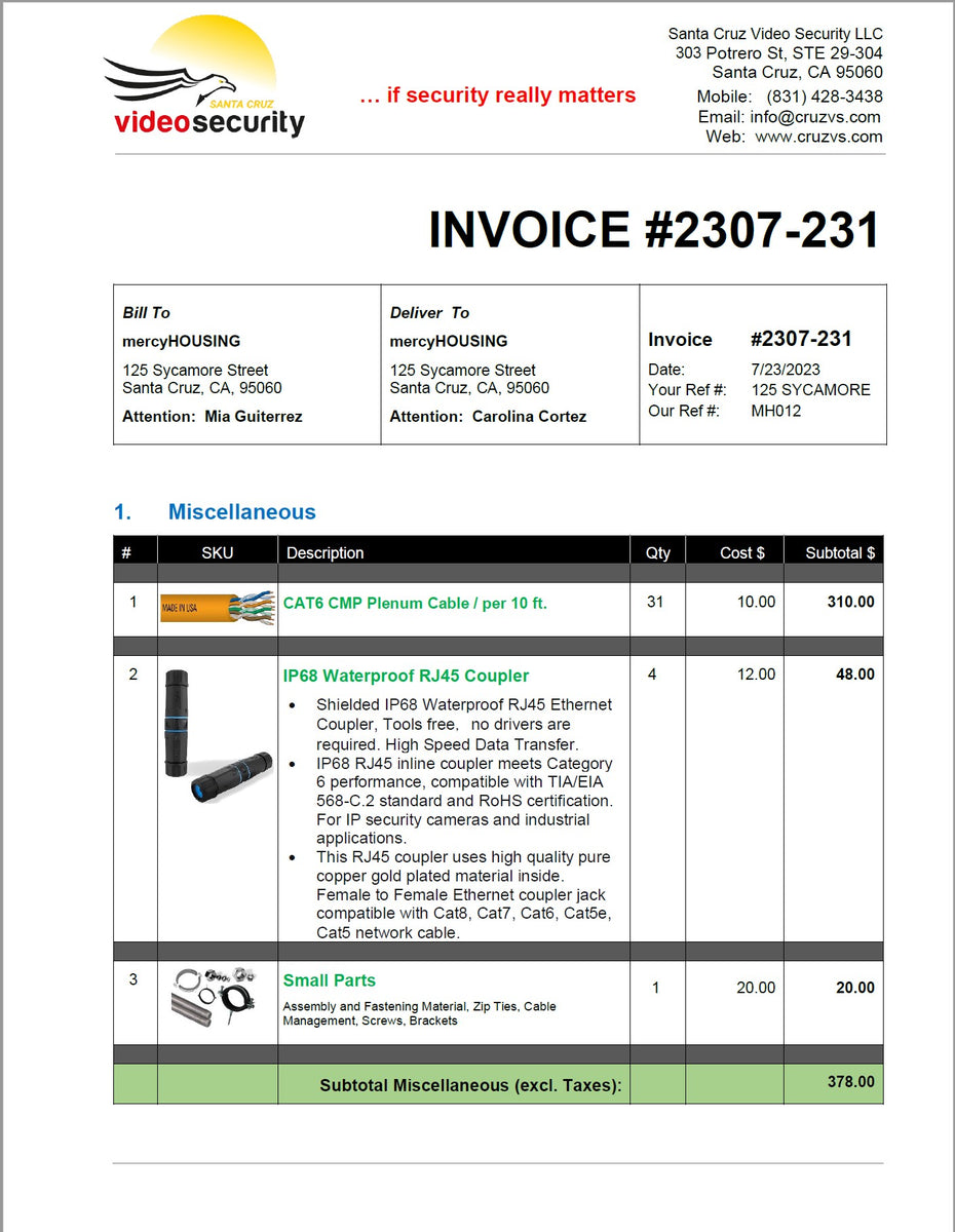 INVOICE #: 2307-231 – SANTA CRUZ VIDEO SECURITY LLC